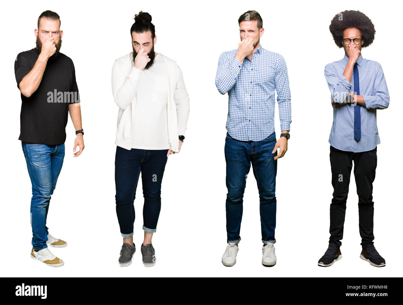 Collage of group of young men over white isolated background smelling ...