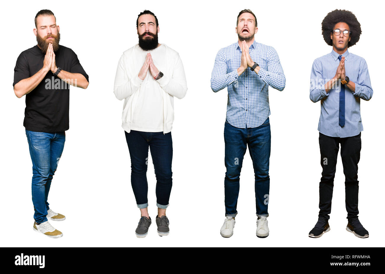 Collage of group of young men over white isolated background begging ...