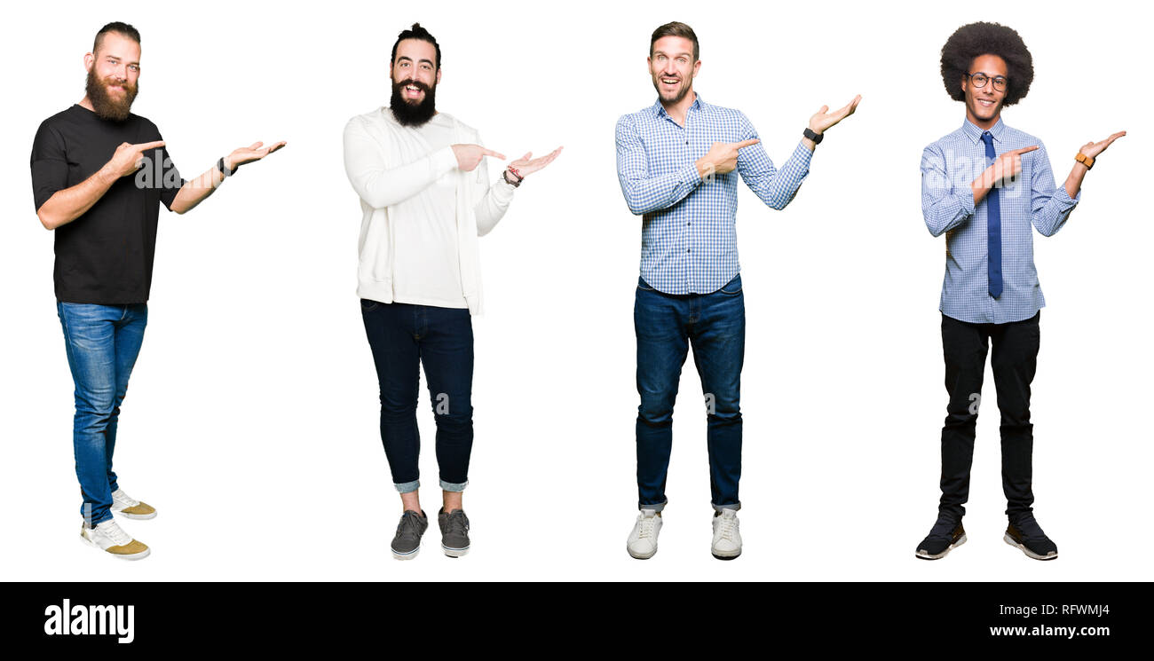 Collage of group of young men over white isolated background amazed and ...