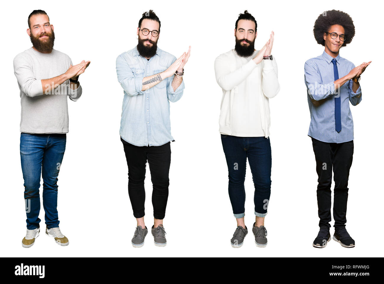 Collage of group of young men over white isolated background Clapping ...
