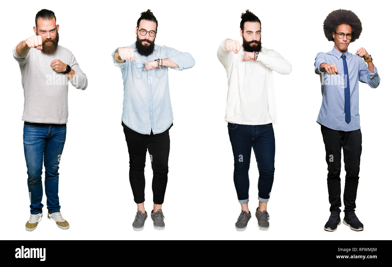 Collage of group of young men over white isolated background Punching ...