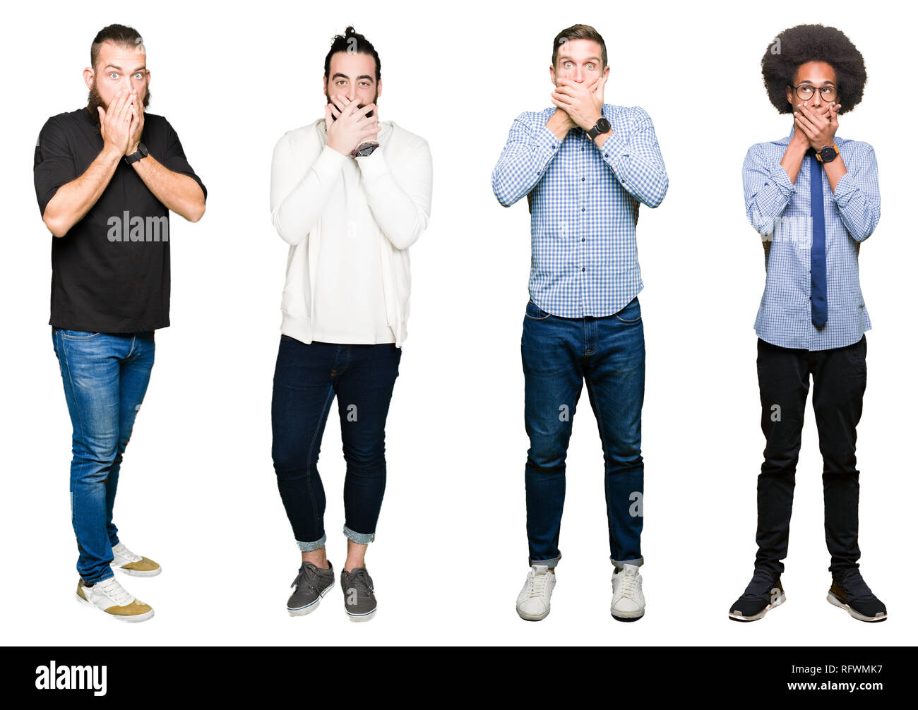 Collage of group of young men over white isolated background shocked ...