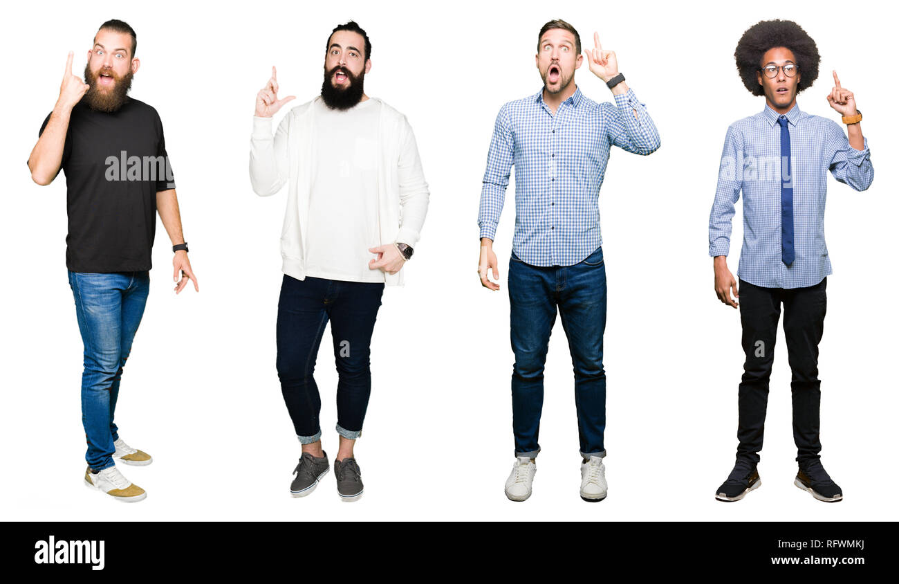 Collage of group of young men over white isolated background pointing ...