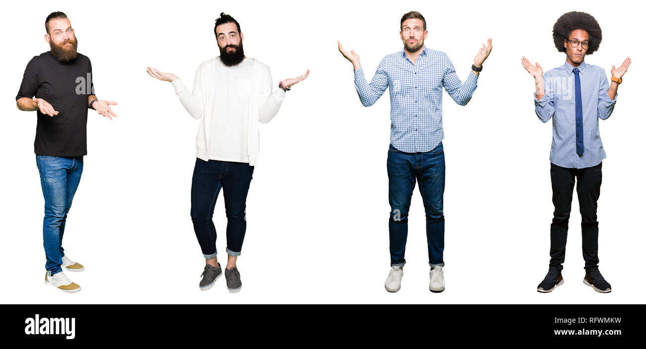 Collage of group of young men over white isolated background clueless ...