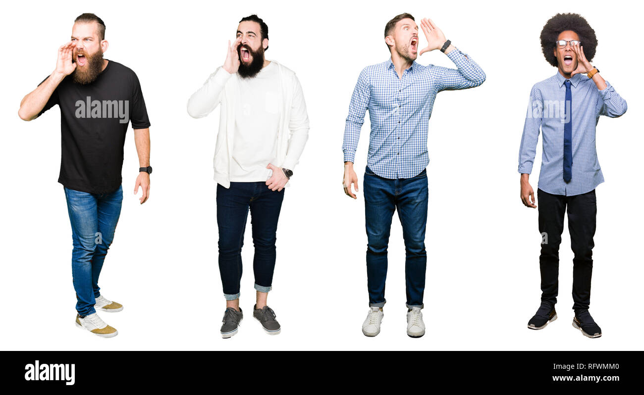 Collage of group of young men over white isolated background shouting ...