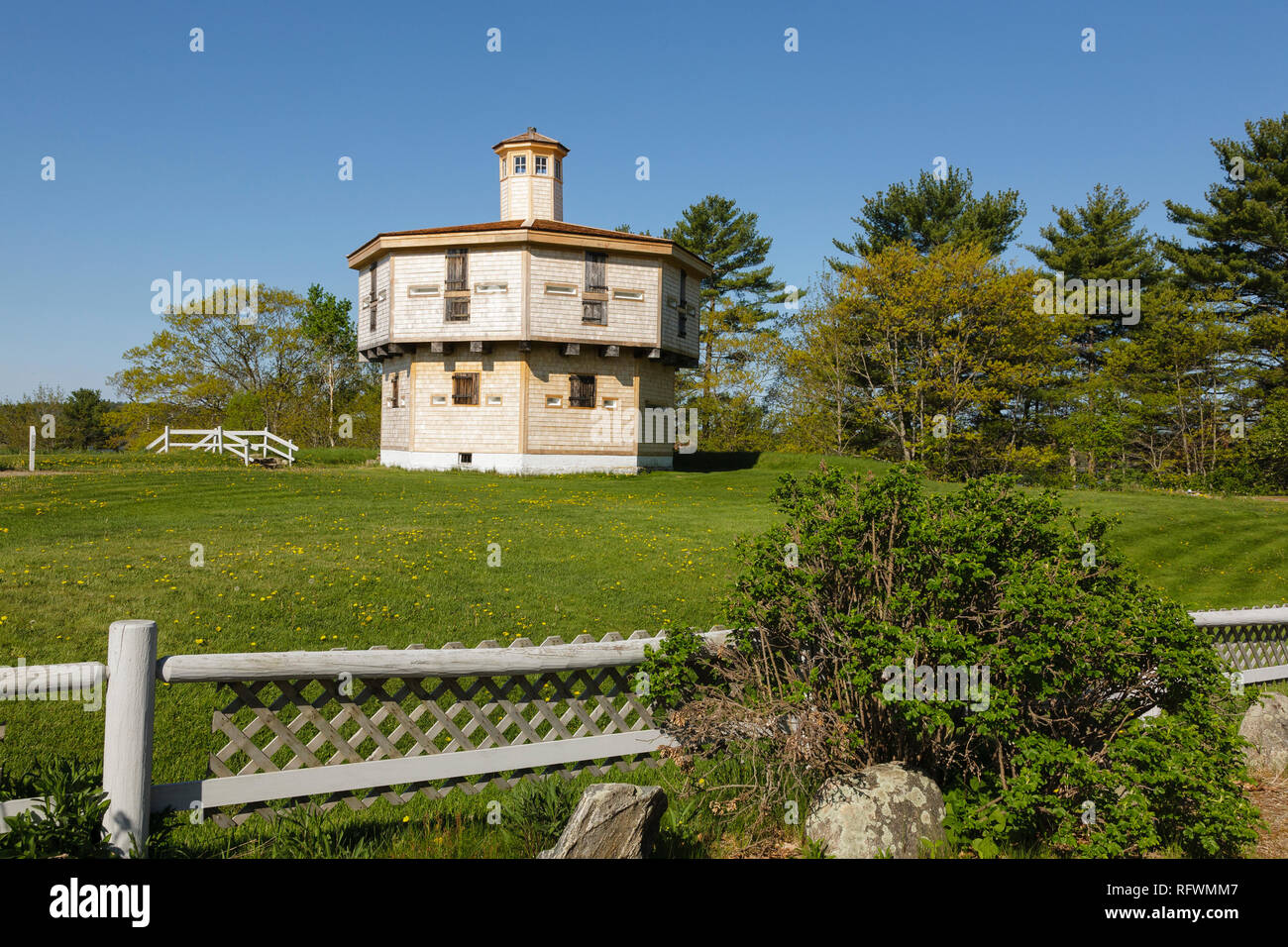 Octagonal blockhouse at Fort Edgecomb in Edgecomb, Maine USA. This fort ...