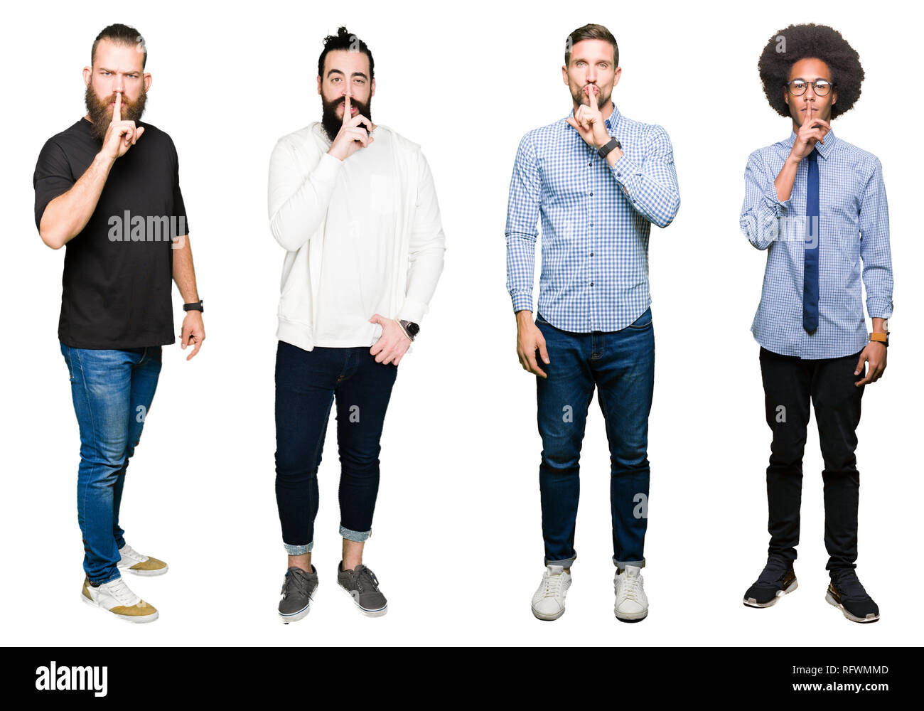 Collage of group of young men over white isolated background asking to ...