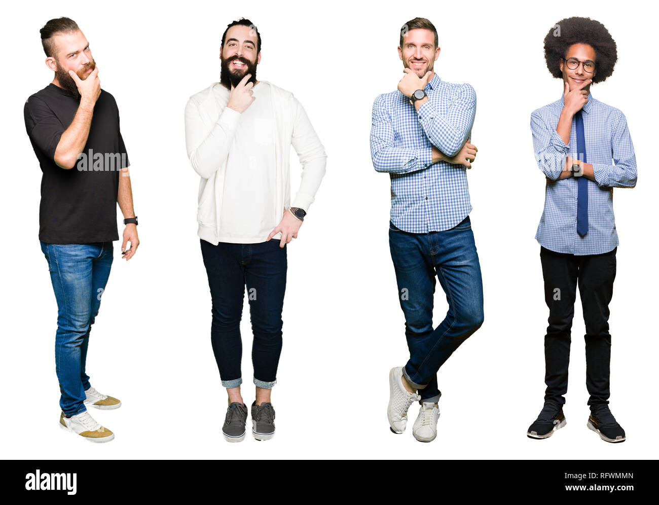 Collage of group of young men over white isolated background looking ...