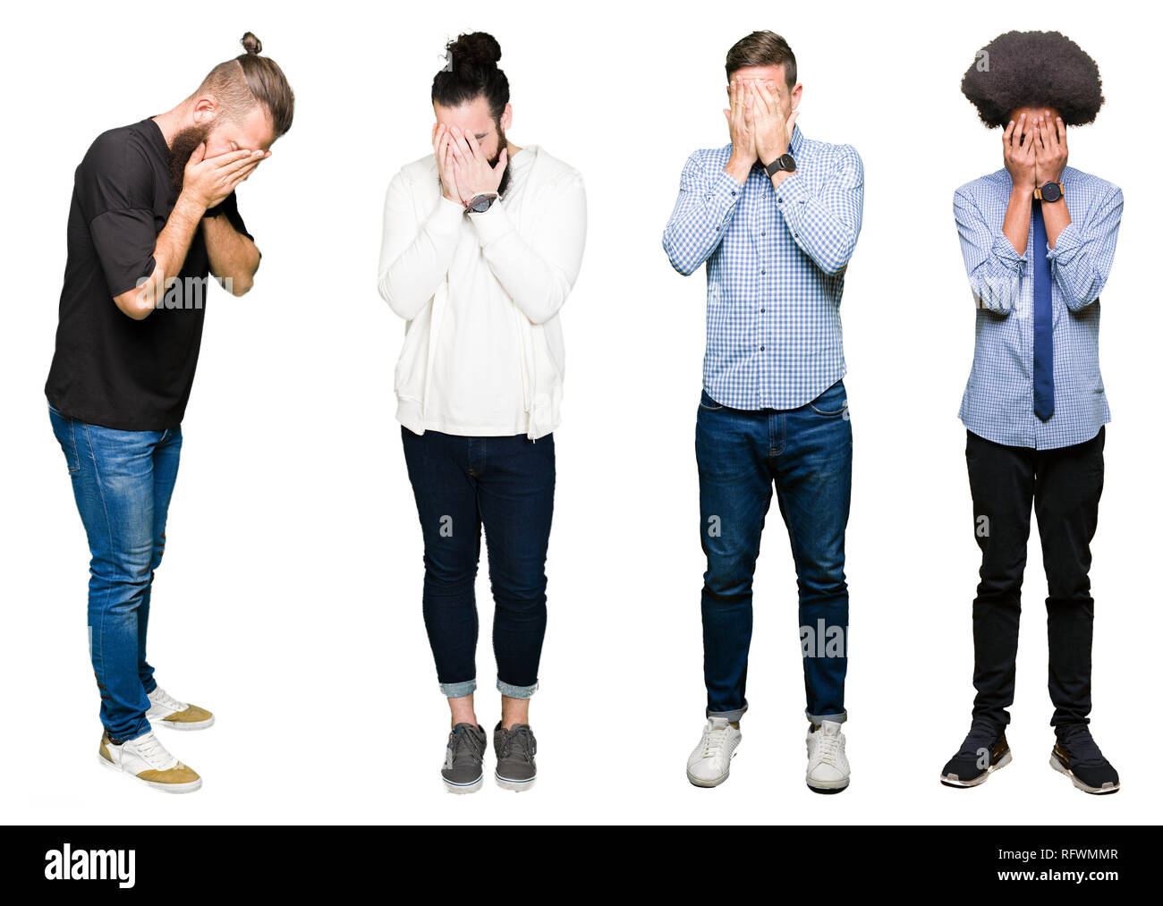 Collage of group of young men over white isolated background with sad ...