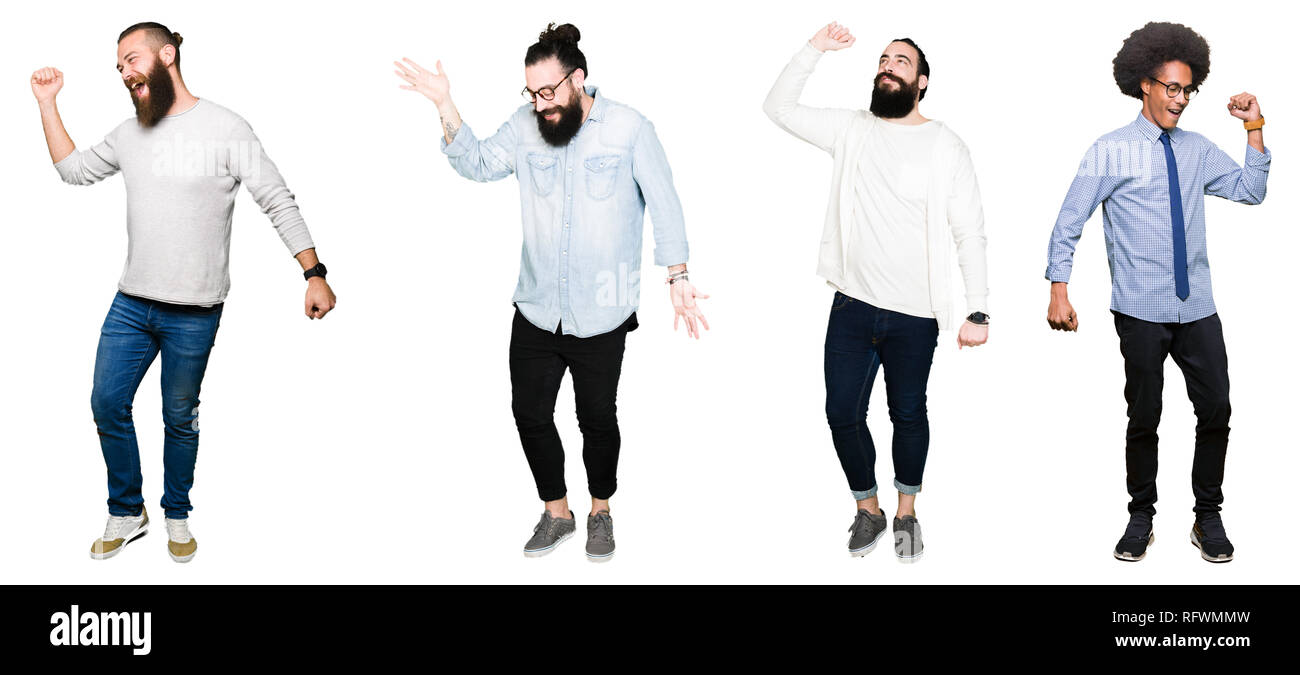 Collage of group of young men over white isolated background Dancing ...