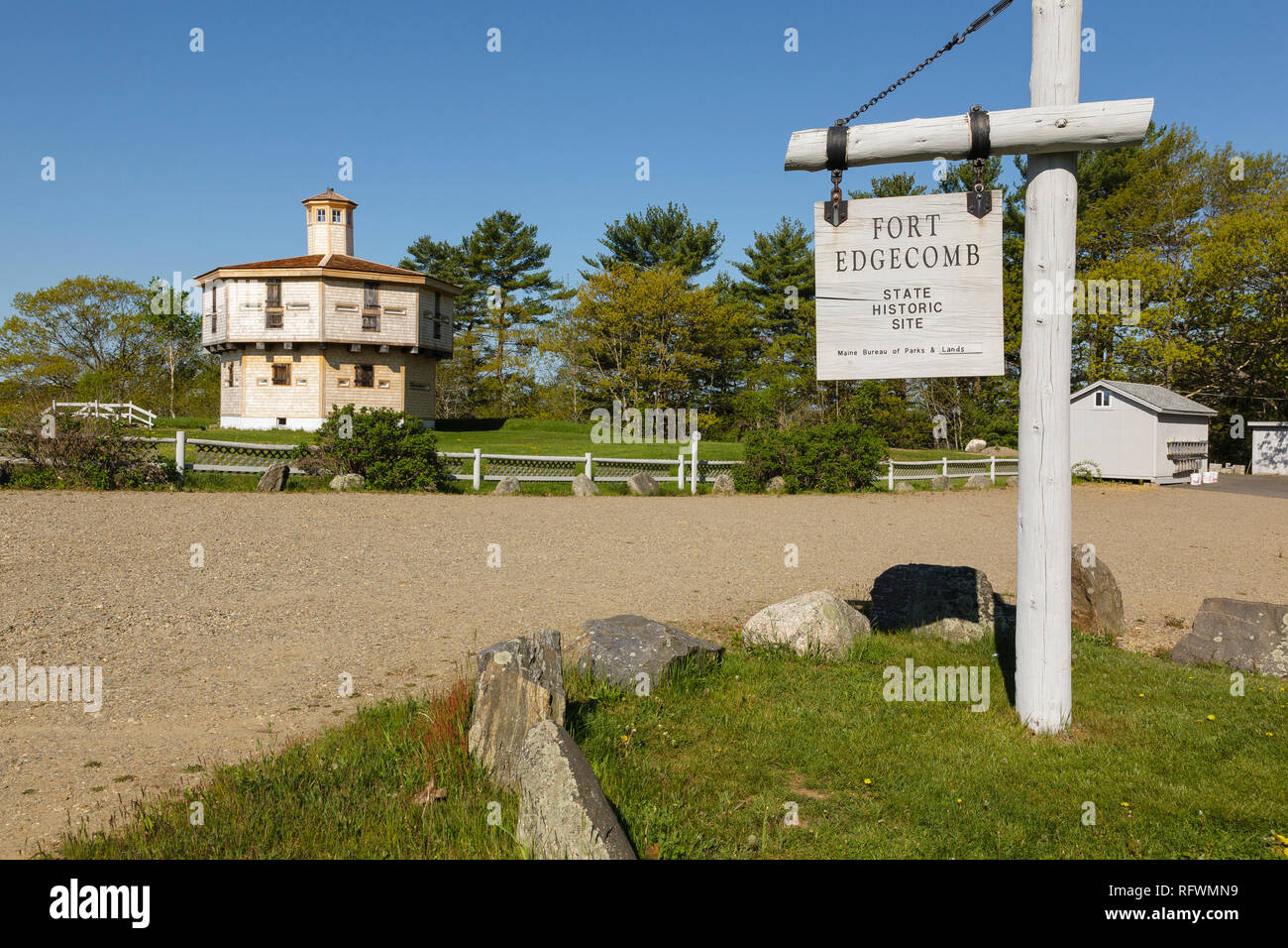 Octagonal blockhouse at Fort Edgecomb in Edgecomb, Maine USA. This fort ...