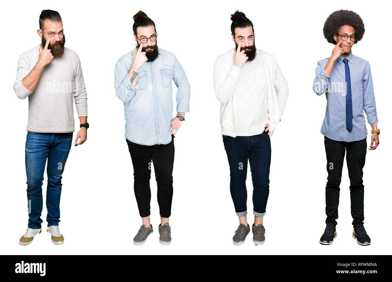 Collage of group of young men over white isolated background Pointing ...