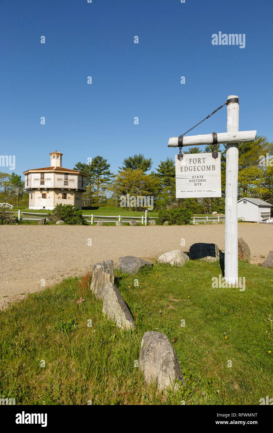 Octagonal blockhouse at Fort Edgecomb in Edgecomb, Maine USA. This fort ...