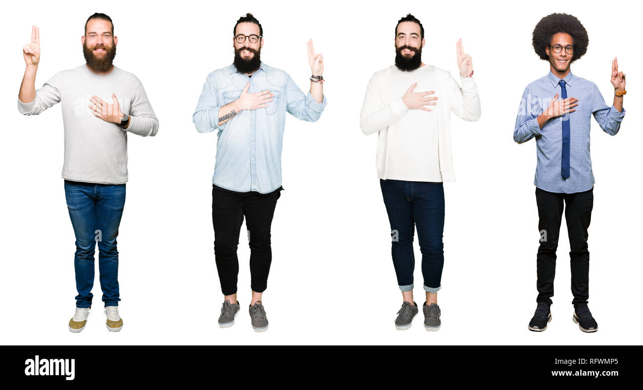 Collage of group of young men over white isolated background Swearing ...