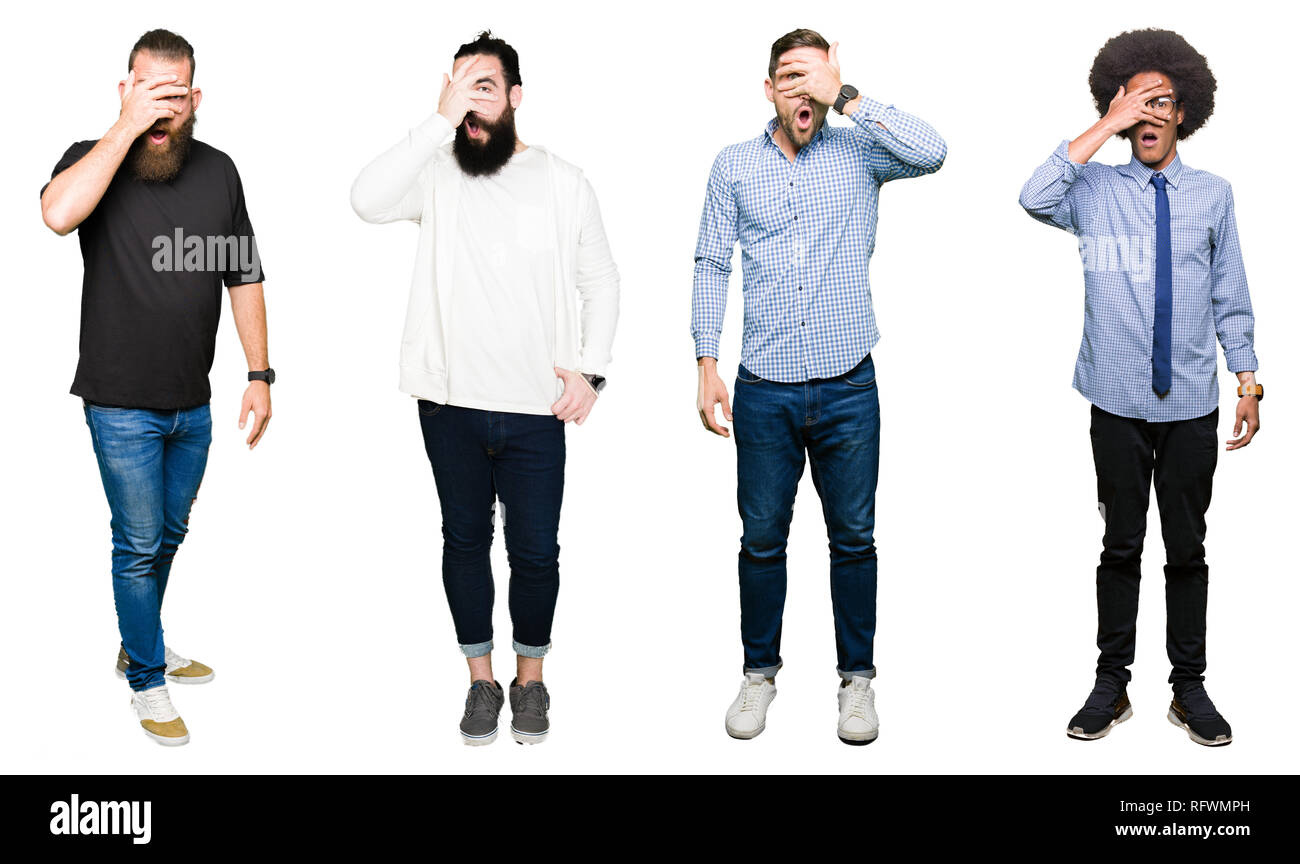 Collage of group of young men over white isolated background peeking in ...