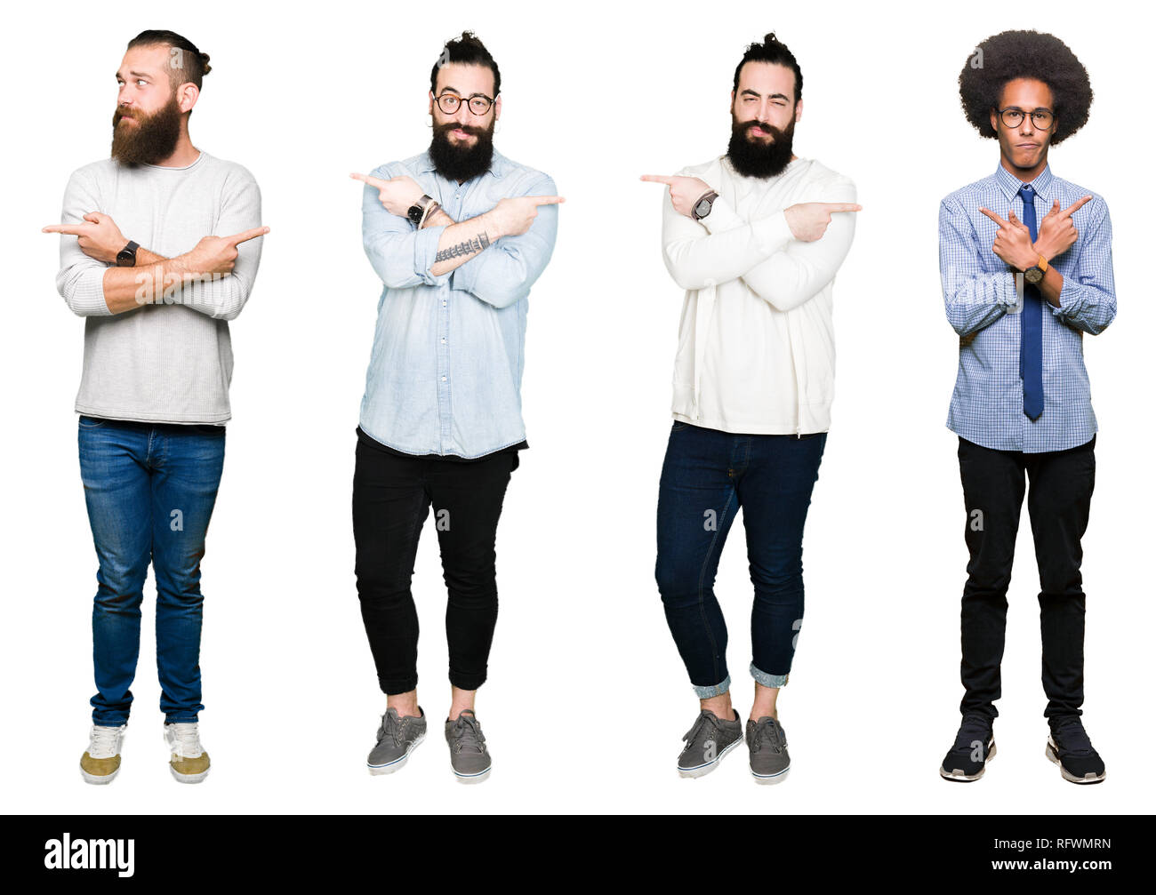 Collage of group of young men over white isolated background Pointing ...
