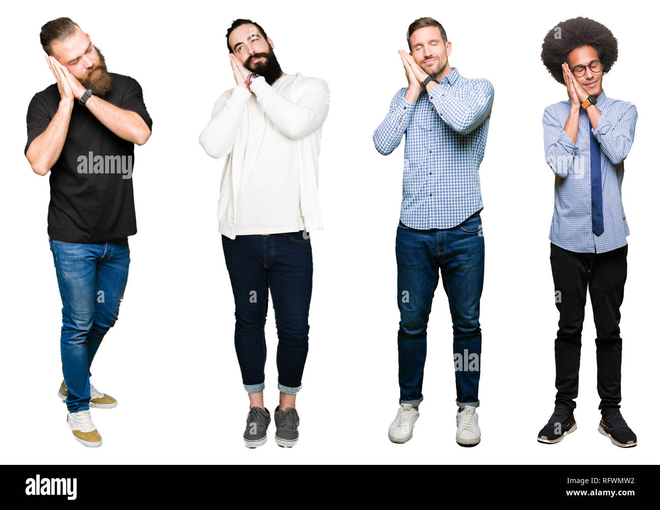 Collage of group of young men over white isolated background sleeping ...