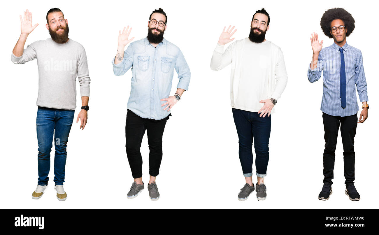 Collage of group of young men over white isolated background Waiving ...
