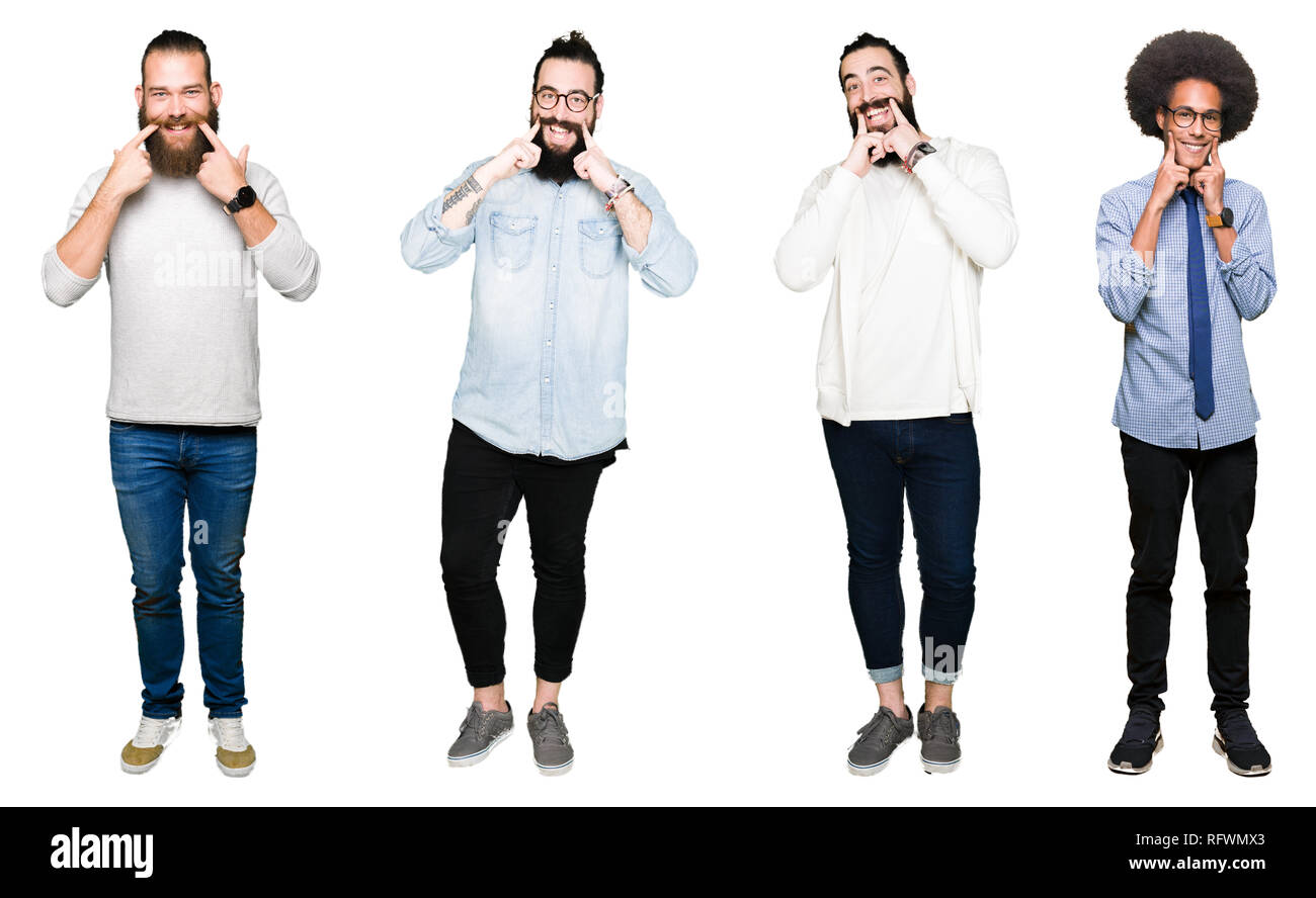Collage of group of young men over white isolated background Smiling ...