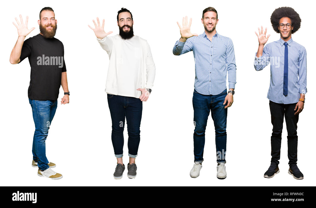 Collage of group of young men over white isolated background showing ...
