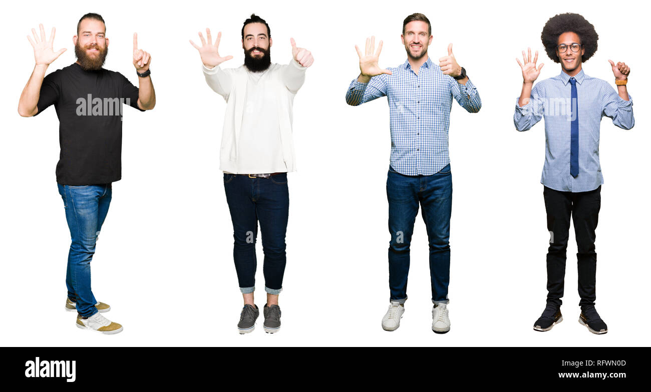 Collage of group of young men over white isolated background showing ...