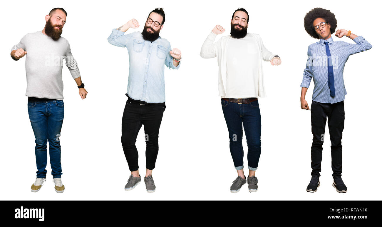 Collage of group of young men over white isolated background stretching ...
