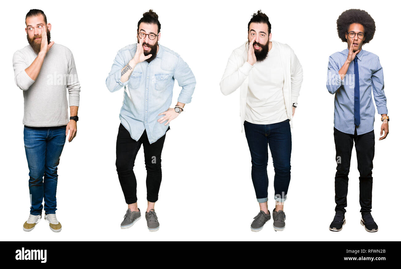 Collage of group of young men over white isolated background hand on ...
