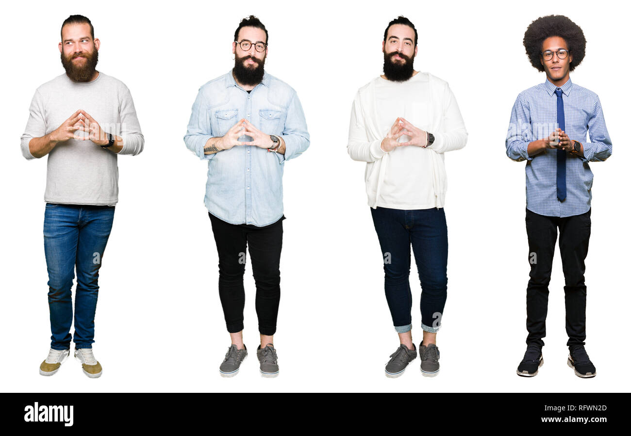 Collage of group of young men over white isolated background Hands ...