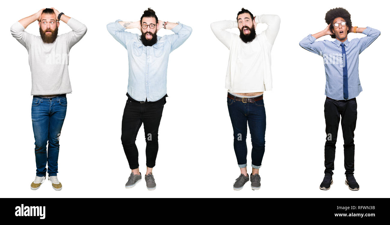 Collage of group of young men over white isolated background Crazy and ...