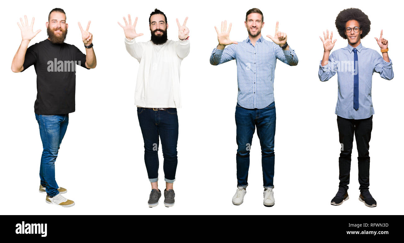 Collage of group of young men over white isolated background showing ...
