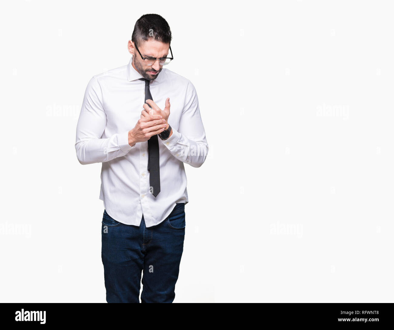 Young handsome business man wearing glasses over isolated background ...