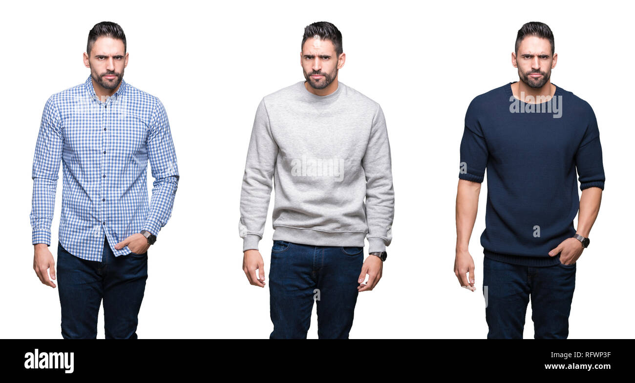 Collage of handsome business man over white isolated background skeptic ...