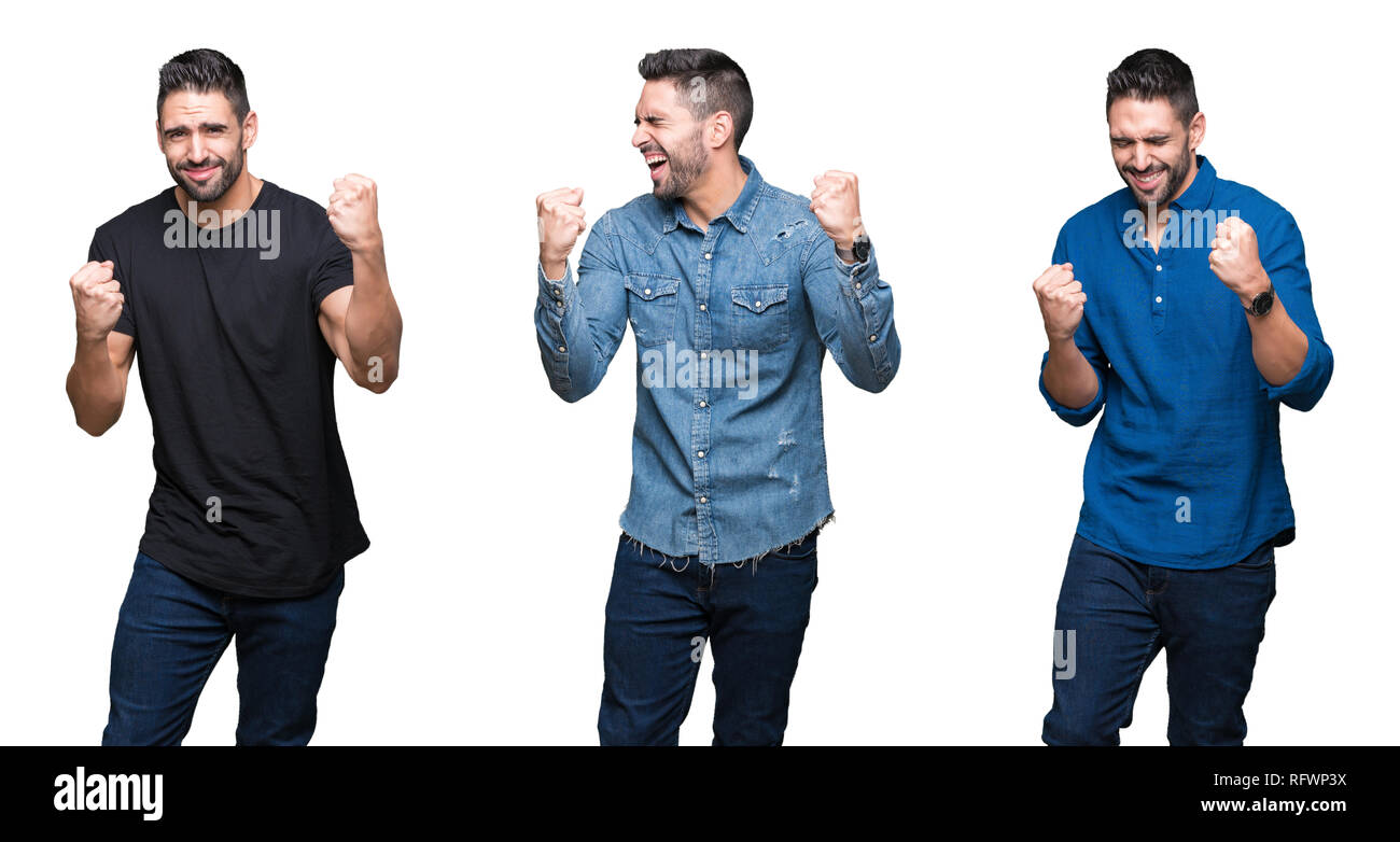 Collage of handsome man over white isolated background very happy and ...