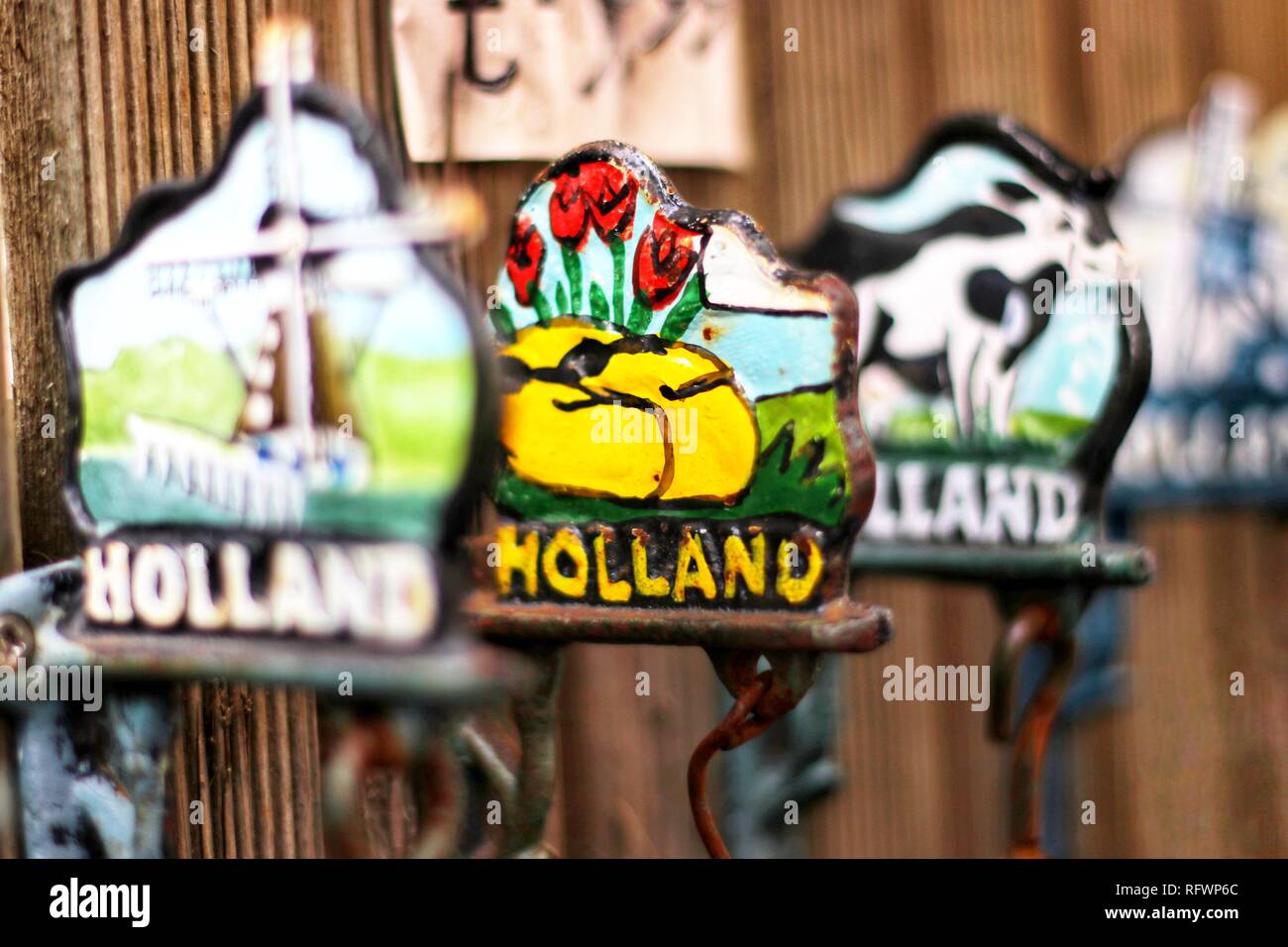 Colourful tourist souvenirs with the word Holland in bold lettering ...