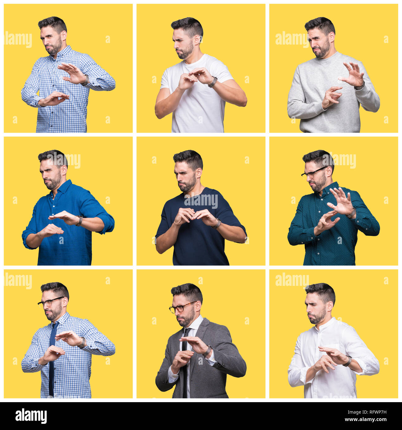 Collage of handsome man over yellow isolated background disgusted ...