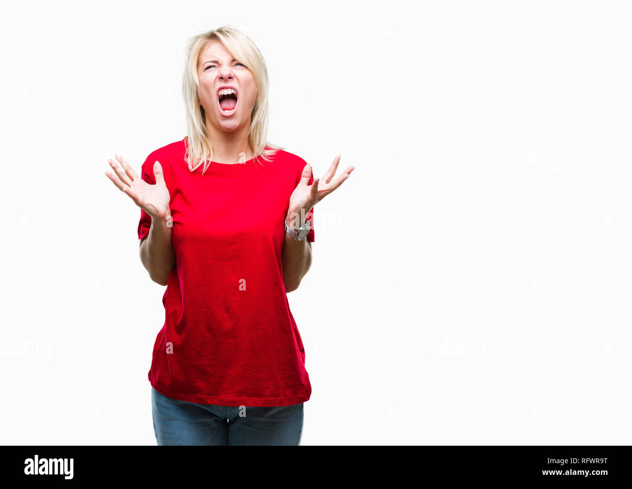 Young beautiful blonde woman wearing red t-shirt over isolated ...