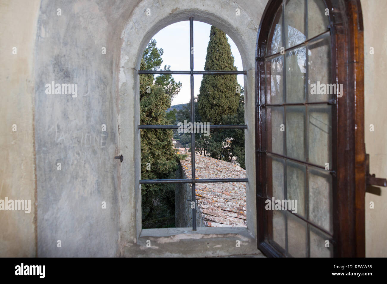 The view from an arch window on Tuscany landscape, Italy Stock Photo ...