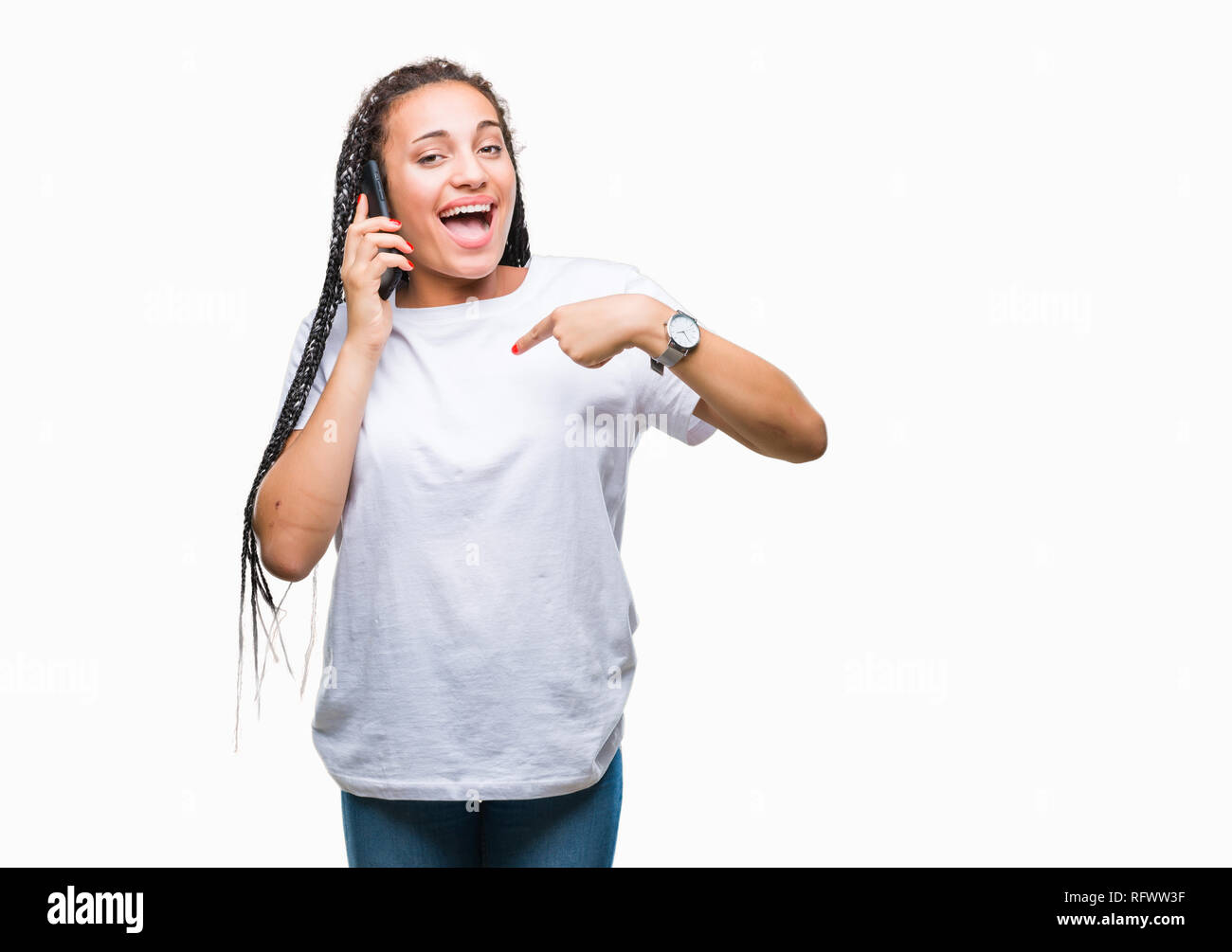 Young braided hair african american girl showing calling using ...