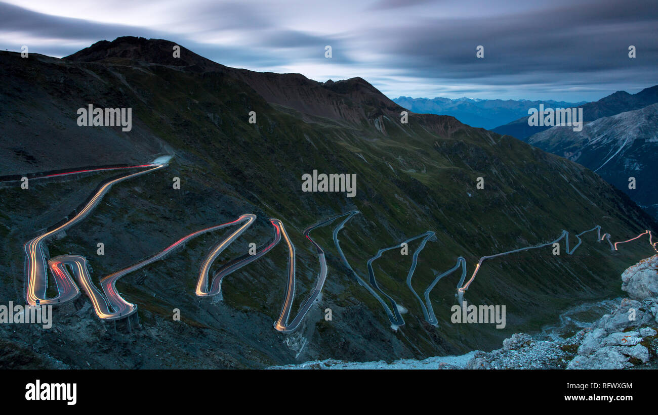 Light trails at night on The Stelvio Pass (Passo dello Stelvio ...