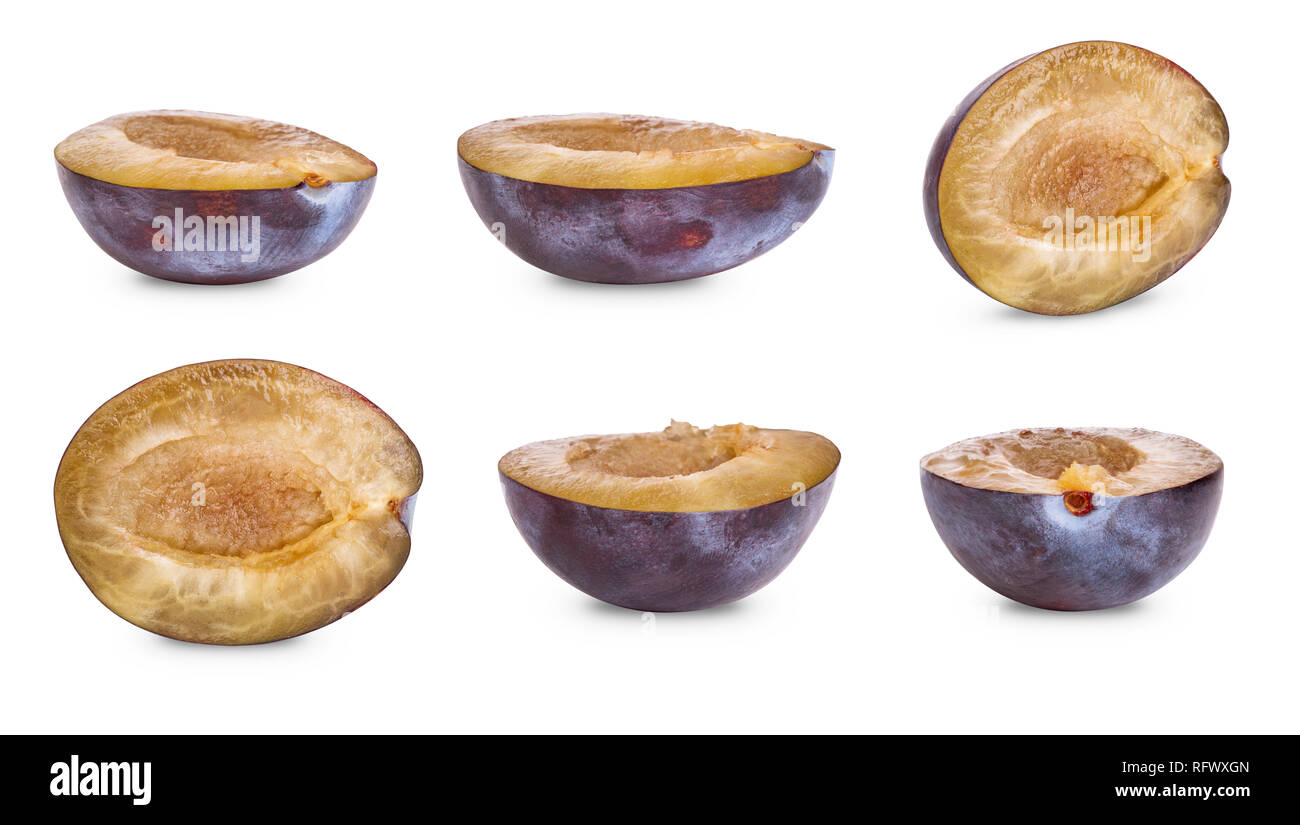 Many types of position halves of ripe plum without stone, macro shot ...