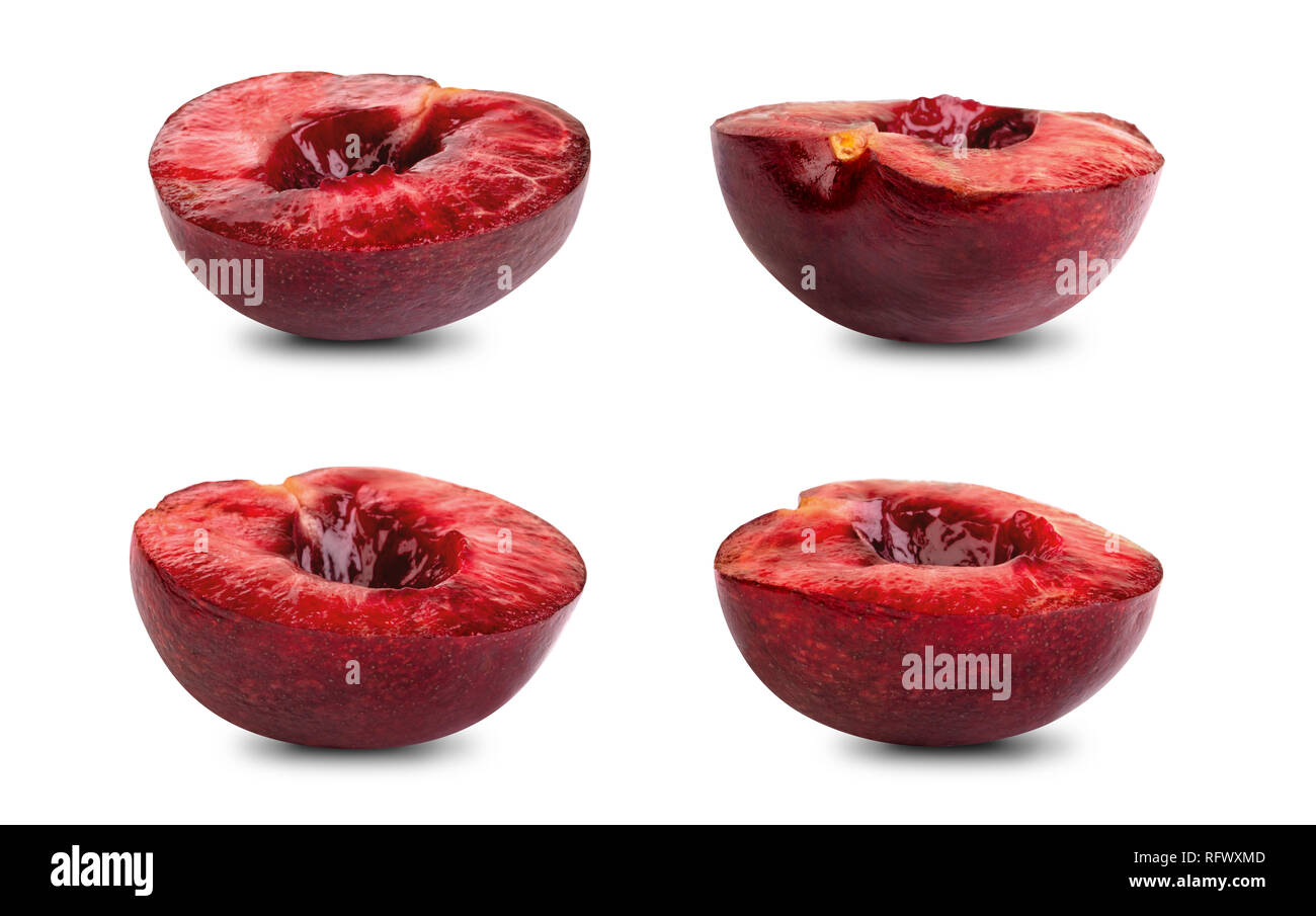 Many types of positions cherry halves on white background, front view ...