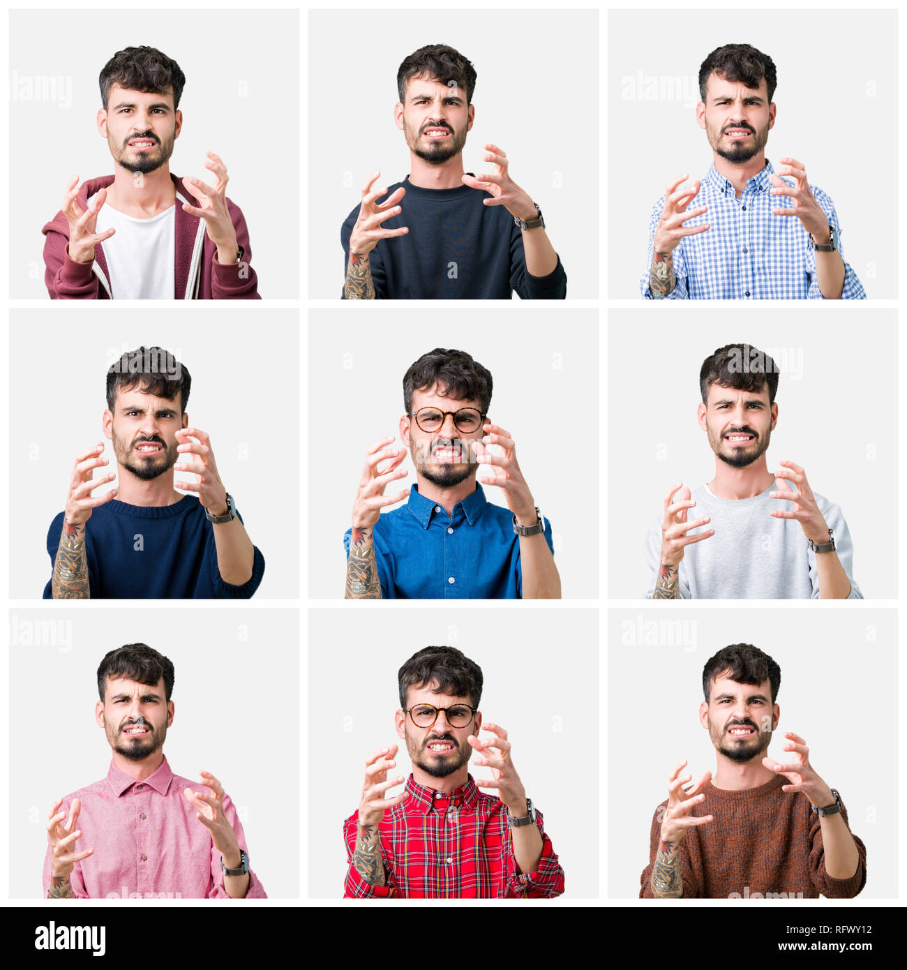 Collage of young man over isolated background Shouting frustrated with ...