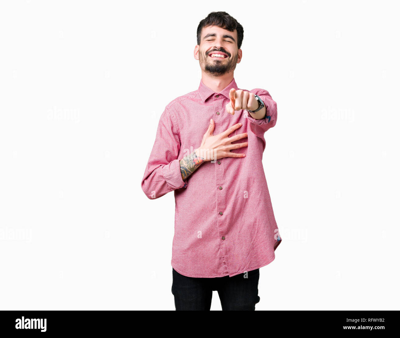 Young handsome man wearing pink shirt over isolated background Laughing ...
