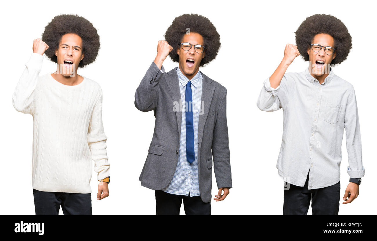 Collage of young man with afro hair over white isolated background ...