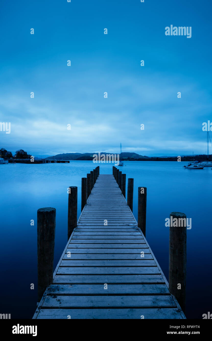 Jetty at dusk, Lake Windermere, Lake District National Park, UNESCO ...