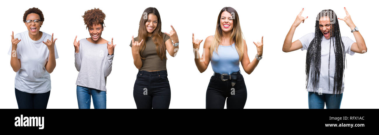 Collage of group of young women over isolated background shouting with ...
