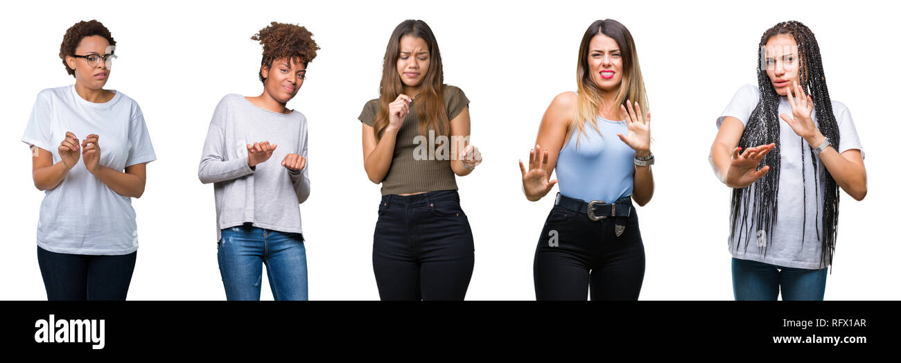 Collage of group of young women over isolated background disgusted ...