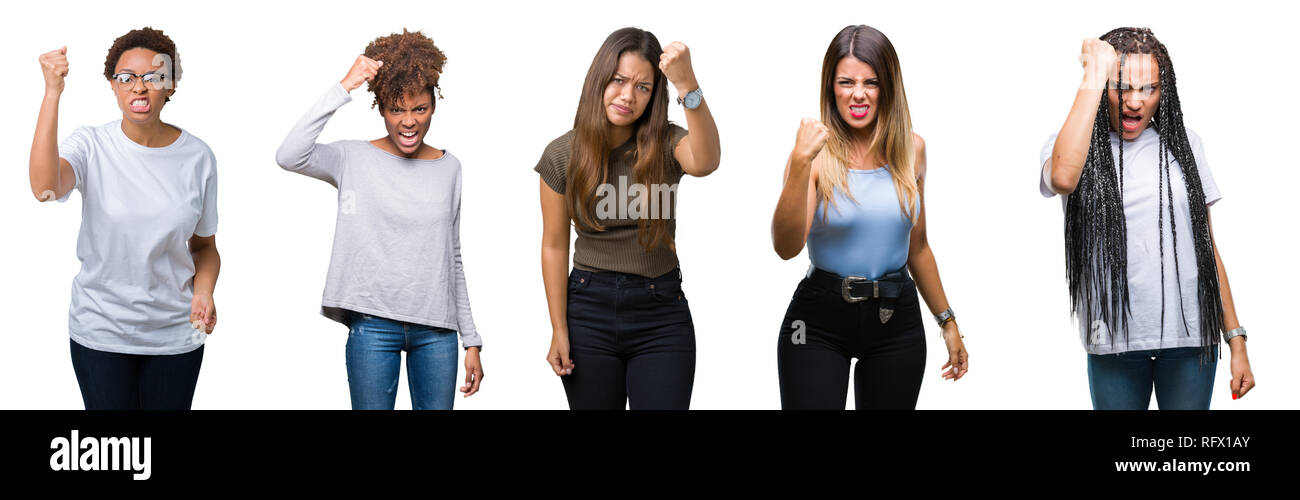 Collage of group of young women over isolated background angry and mad ...