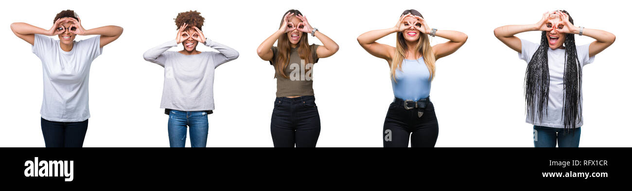 Collage of group of young women over isolated background doing ok ...