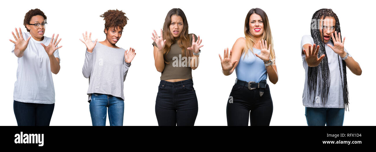 Collage of group of young women over isolated background afraid and ...